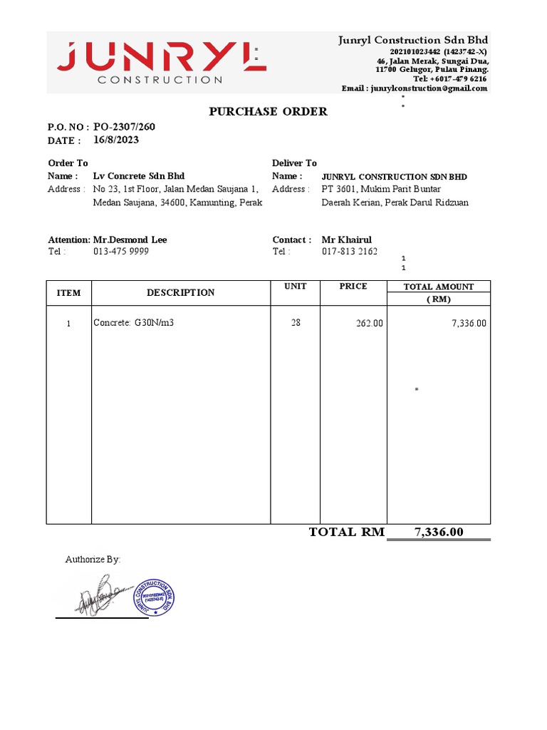 PO-2307 - 260 - LV Concrete SDN BHD (Parit Buntar) | PDF