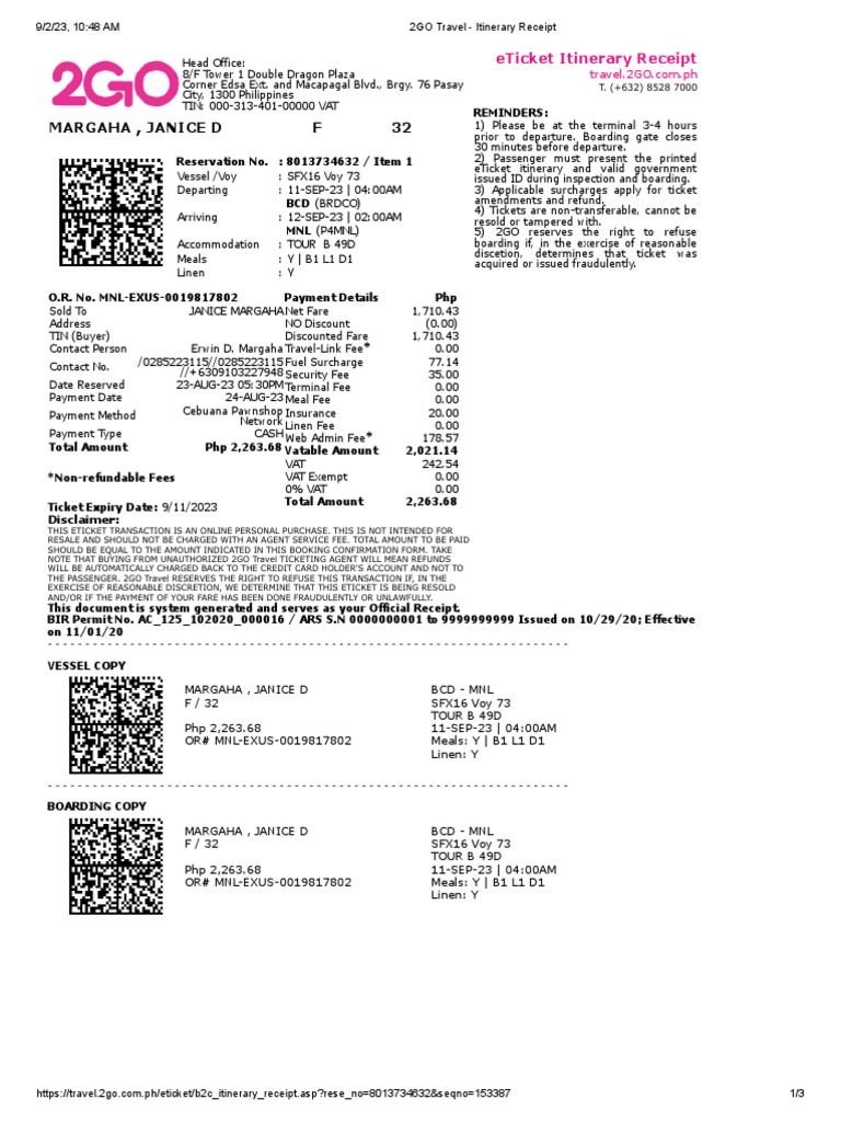 2GO Travel - Itinerary Receipt22 | PDF