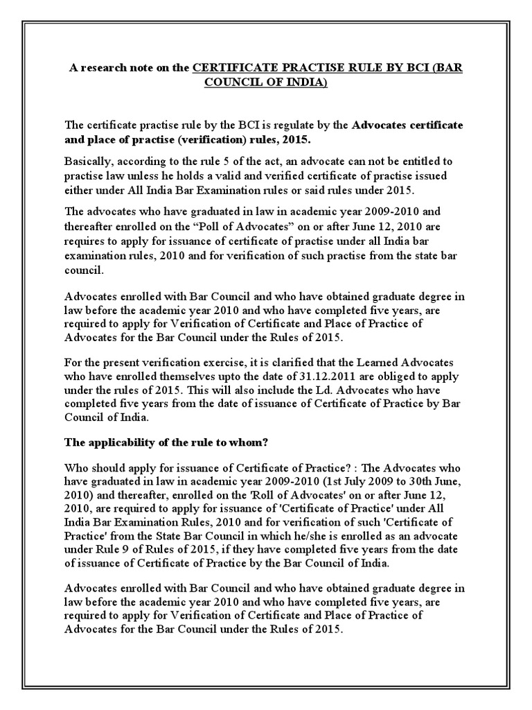 A Research Note On The CERTIFICATE PRACTISE RULE BY BCI | PDF