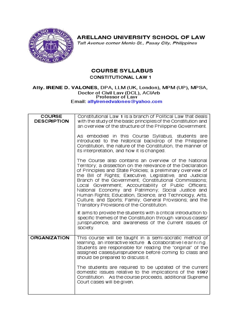 ATTY. IRENE D. VALONES_COURSE SYLLABUS_CONSTITUTIONAL LAW 1_ARELLANO UNIVERSITY SCHOOL OF LAW ...