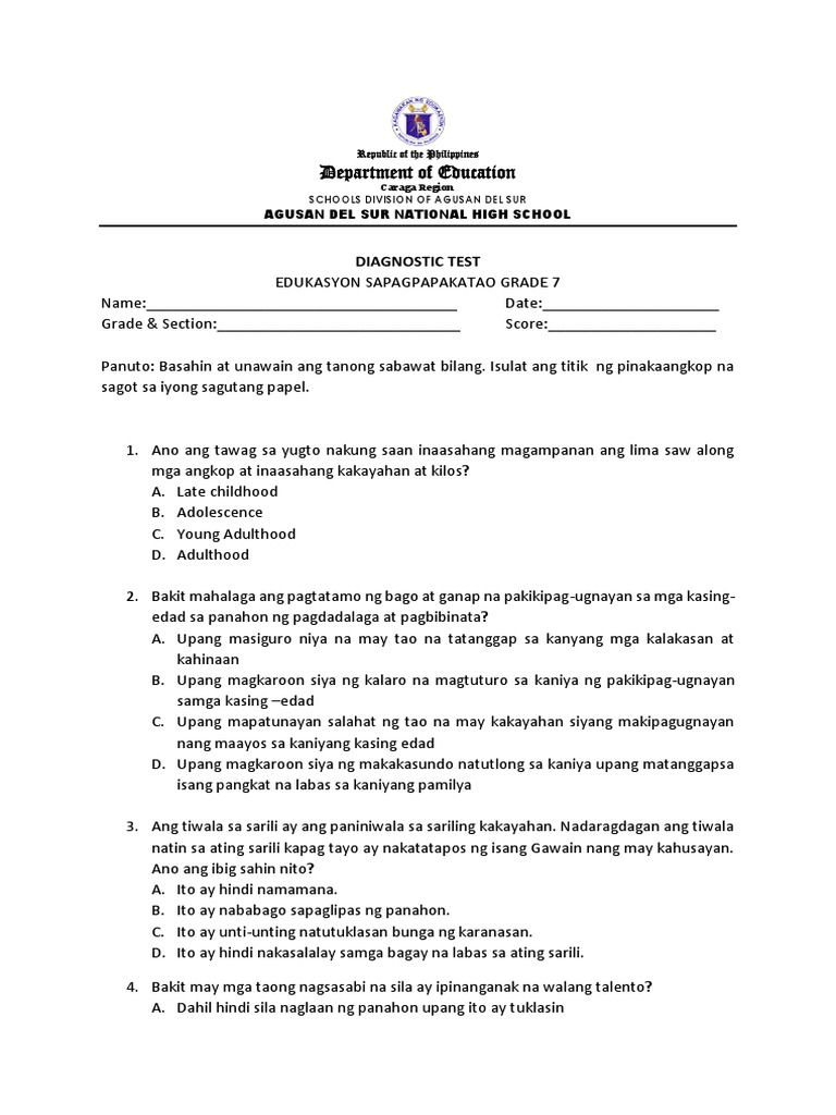 EsP Grade 7 Diagnostic Test | PDF