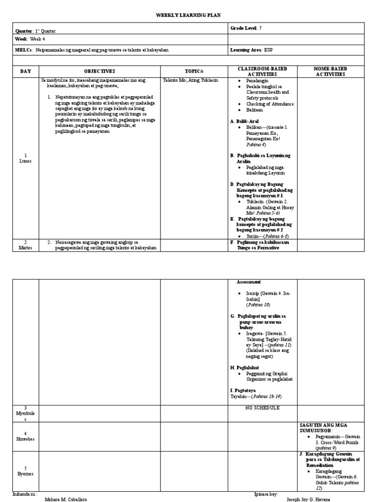 Weekly Learning Plan 4 | PDF