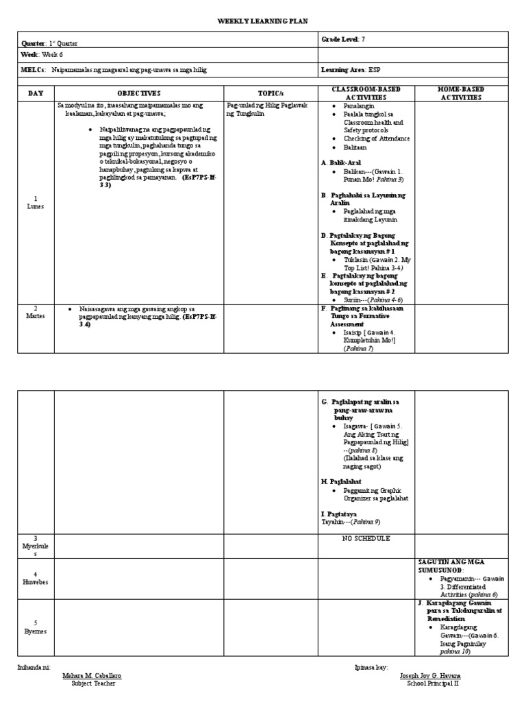Weekly Learning Plan Week 6 | PDF