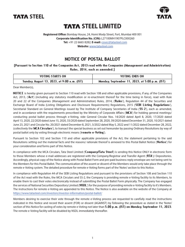 Tata Steel Limited-Postal Ballot Notice | PDF | Login | Electronic Voting
