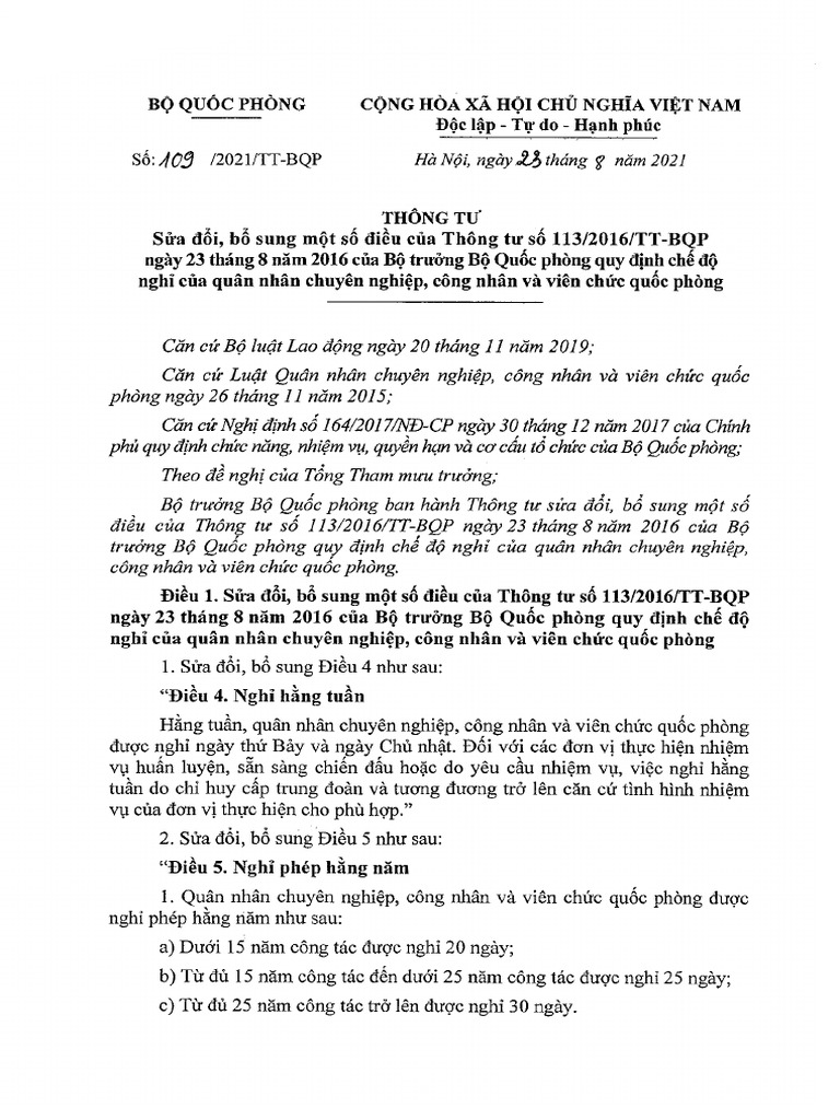Thong Tu 109 2021 TT BQP Bo Quoc Phong | PDF