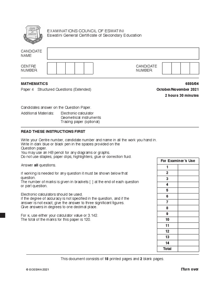EGCSE Mathematics 2021 Question Paper 4-1662016975 | PDF
