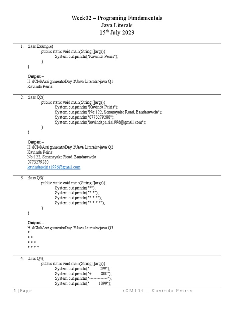 ICM104 Kavinda Peiris - Java Literals - Assignment Week 02 | PDF | Integer (Computer Science ...