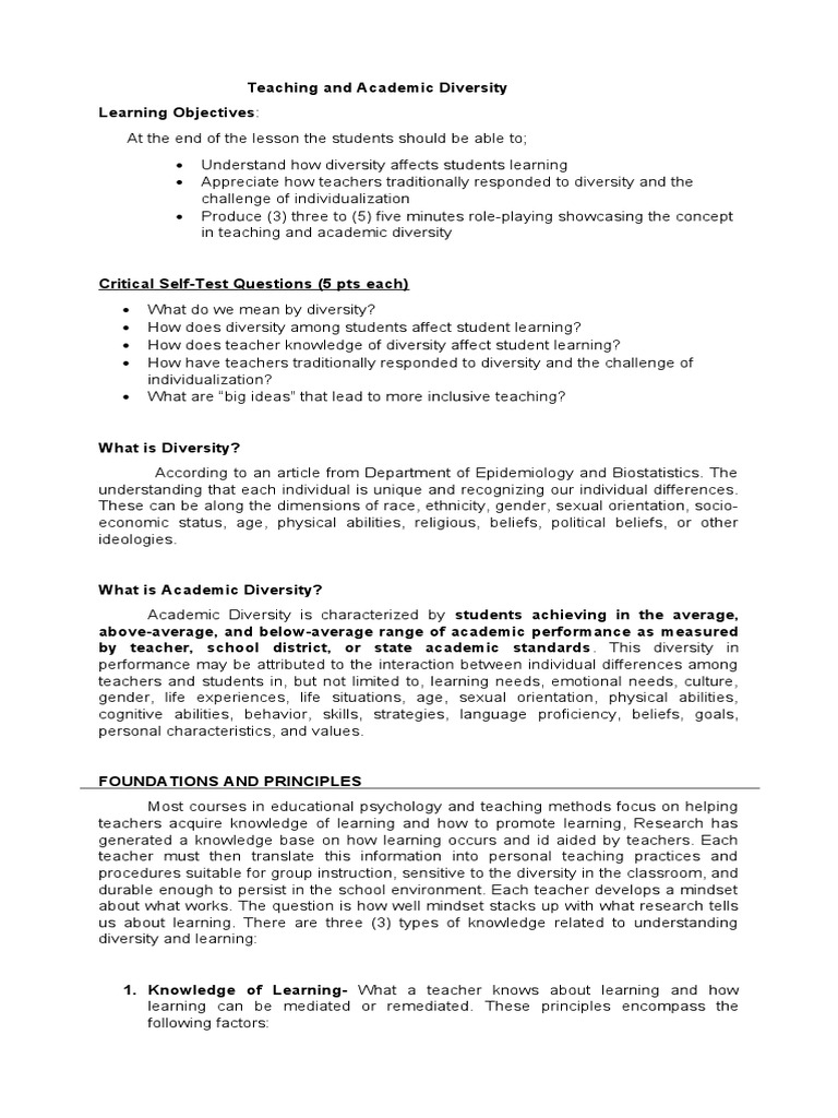 Lesson 1 Teaching and Academic Diversity | PDF | Career & Growth