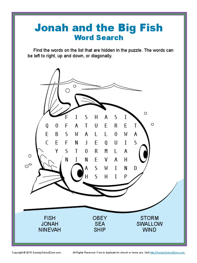 Jonah and The Big Fish Word Search | PDF | Word Search | Jonah