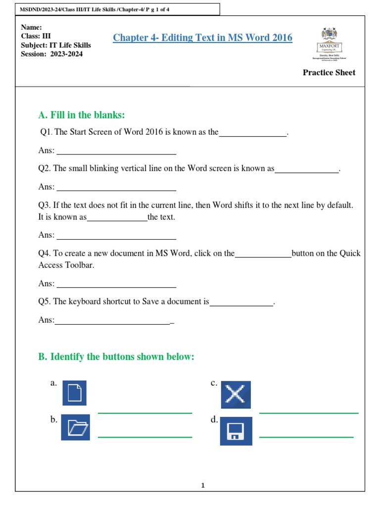 A. Fill in The Blanks:: Chapter 4-Editing Text in MS Word 2016 | PDF