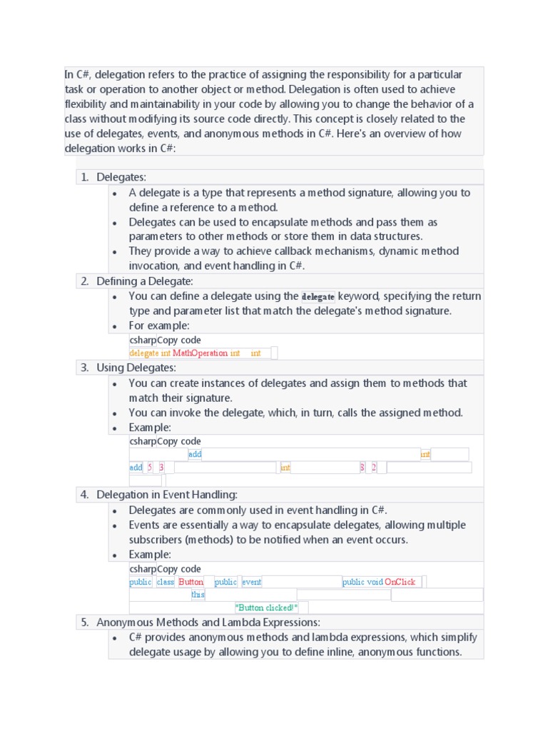 Delegation in C# | PDF | Method (Computer Programming) | Anonymous Function