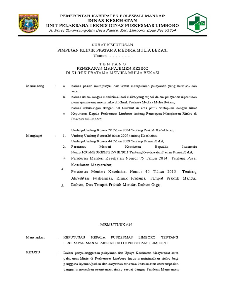 4.1.1.8 SK Dan Panduan Manajemen Resiko Klinis | PDF