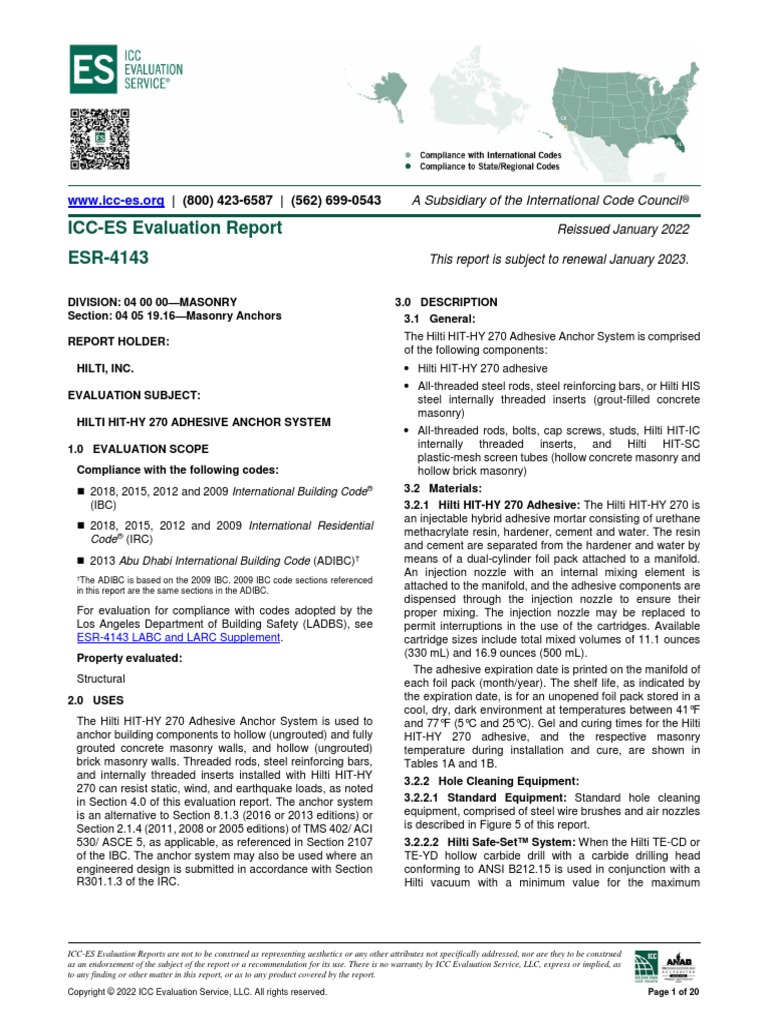 Icc Esr 4143 (Hilt Hy 270) | PDF | Screw | Masonry