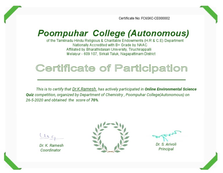 Certificate For Dr.K.Ramesh. For - Environmental Science Quiz ... | PDF