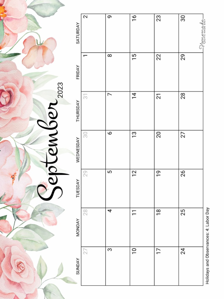 September Calendar 2024 Printable Rose | PDF