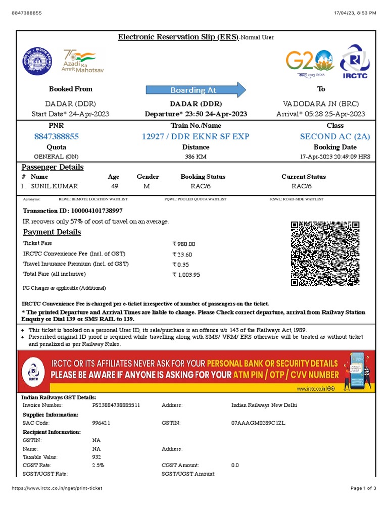 DDR Eknr SF Exp Second Ac (2A) : Electronic Reservation Slip (ERS) | PDF | Identity Document