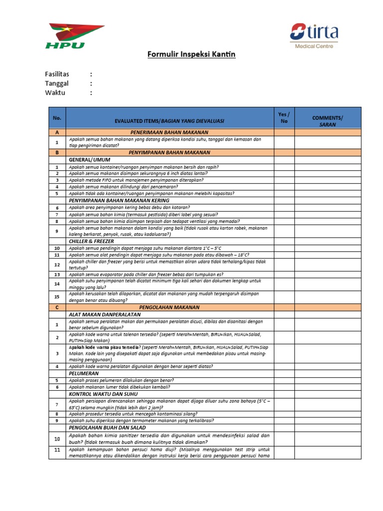 Form Inspeksi Kantin 2021 | PDF