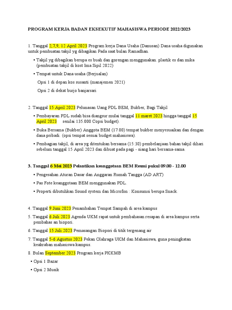 Program Kerja Badan Eksekutif Mahasiswa Periode 2022 | PDF