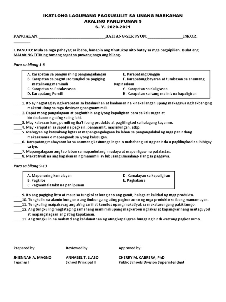 Ikatlong Lagumang Pagsusulit Sa Ikatlong Markahan NG Araling Panlipunan 9 | PDF