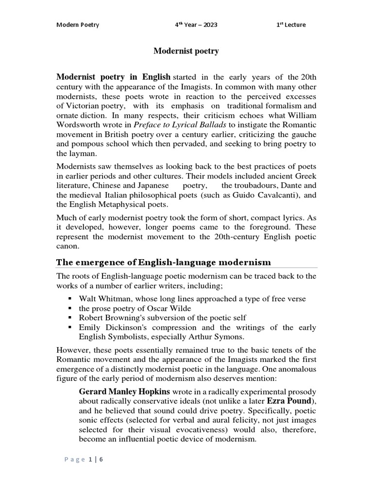 Modernist Poetry - 1st Lecture | PDF
