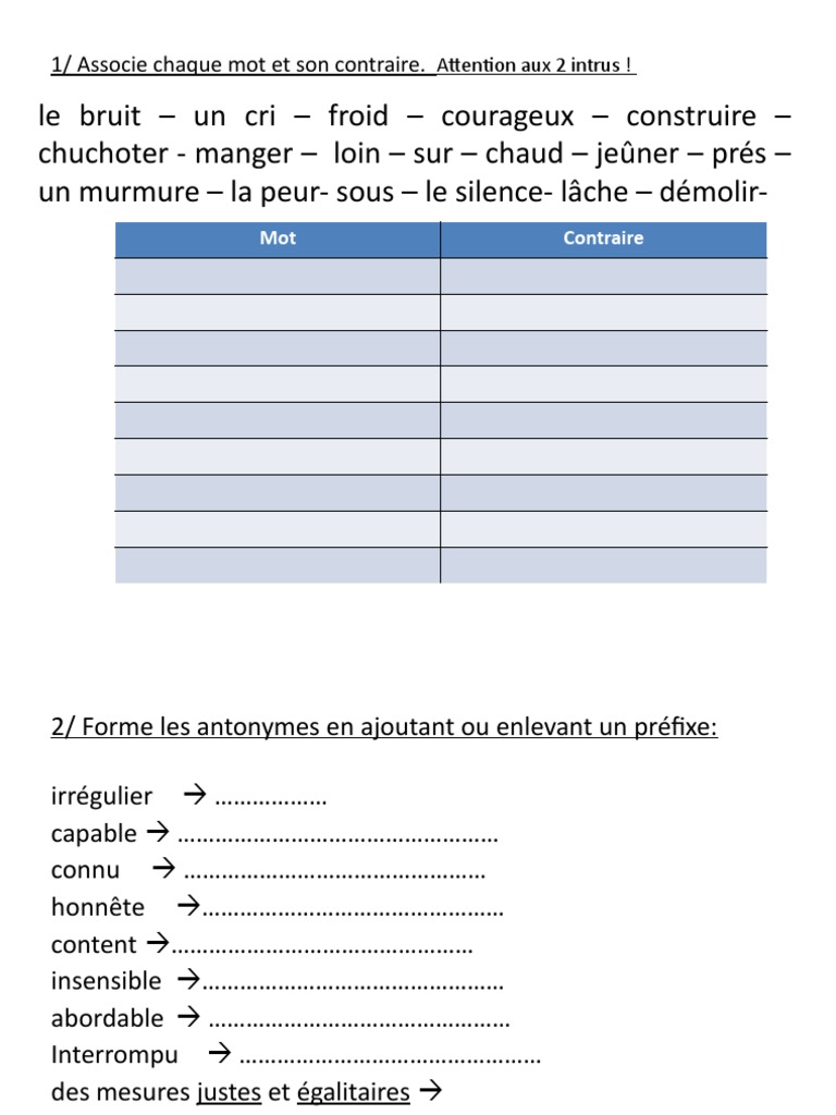 Antonymes s2 Exercices | PDF