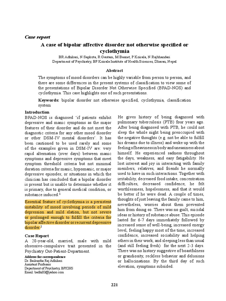 A Case of Bipolar Affective Disorder Not Otherwise Specified or ...