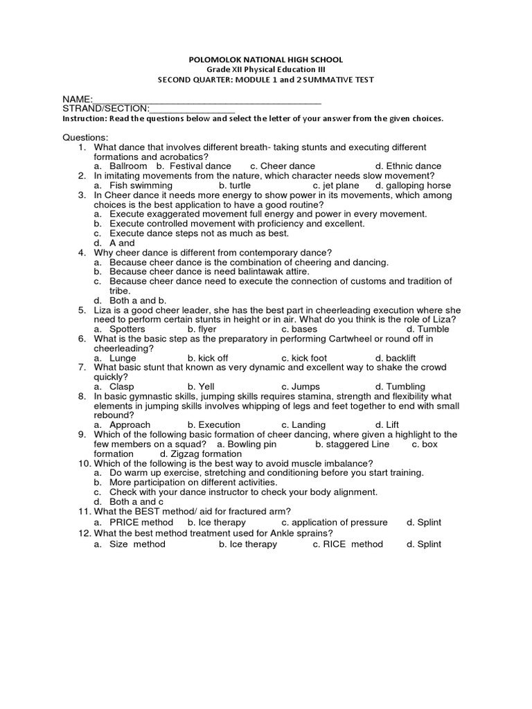 Pe3 Summative Test Quarter 2 | PDF | Cheerleading | Dances