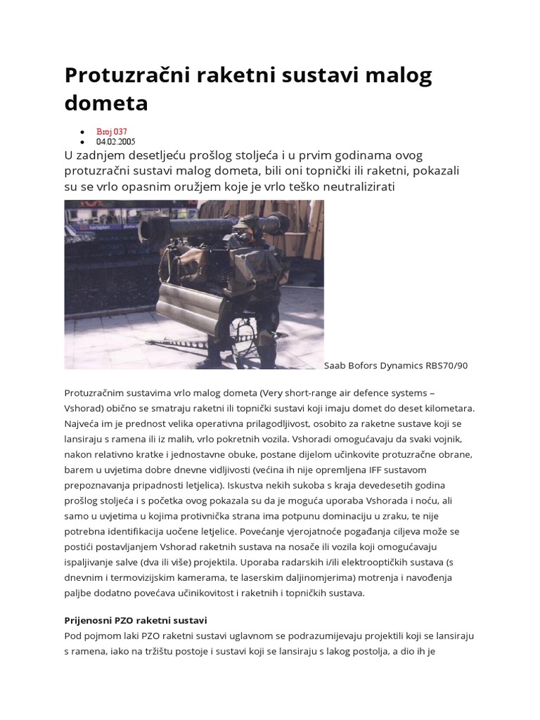 Protuzračni Raketni Sustavi Malog Dometa | PDF
