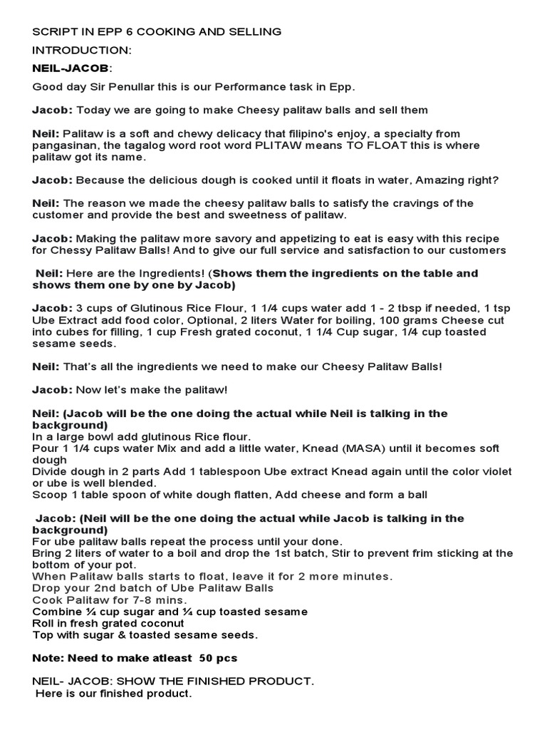 Script in Epp 6 Cooking and Selling | PDF