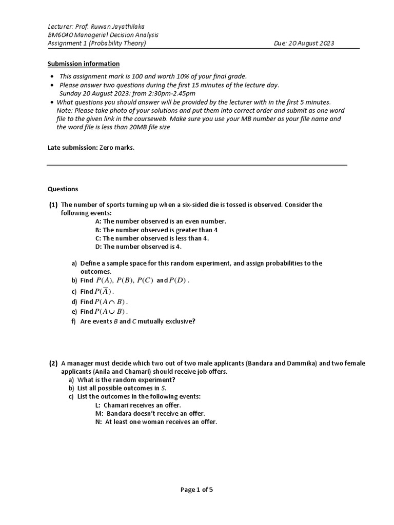 Assignment 1 (Probability Theory) | PDF | Probability | Probability And ...