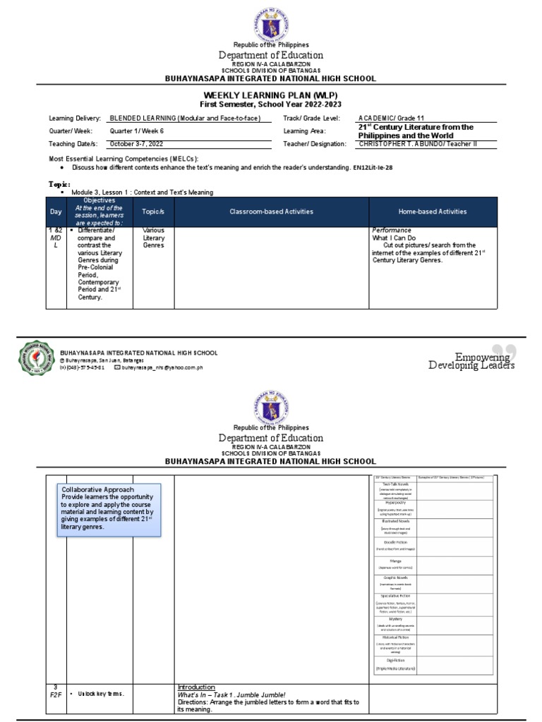 WLP Week 5 21st | PDF | Learning | Genre