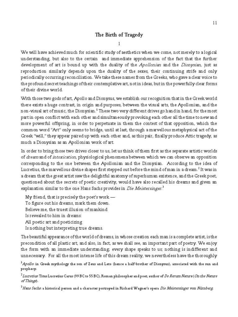 Nietzsche, Birth of Tragedy (Sections 1-2) | PDF