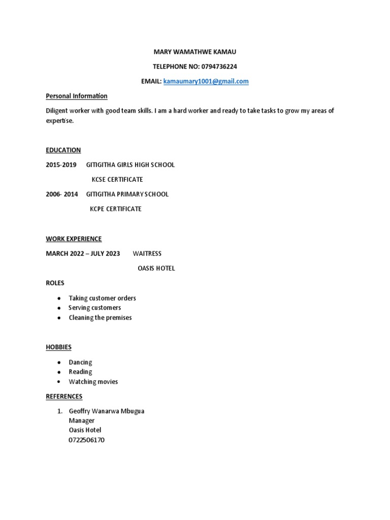 Mary Wamathwe Kamau CV | PDF