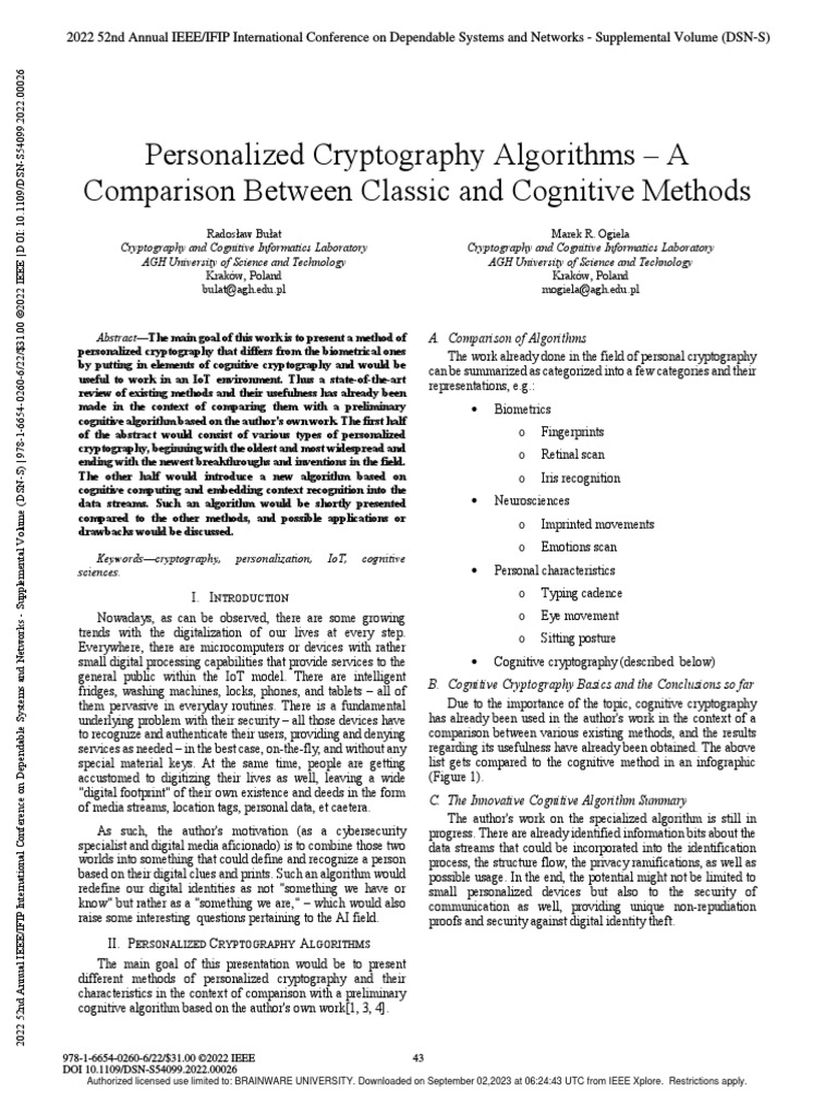 Personalized Cryptography Algorithms A Comparison Between Classic and Cognitive Methods | PDF ...