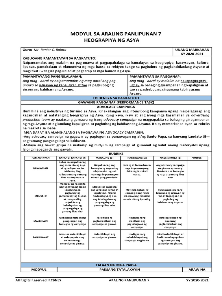 AP7-Araling Asyano-Unang Markahan-Module | PDF