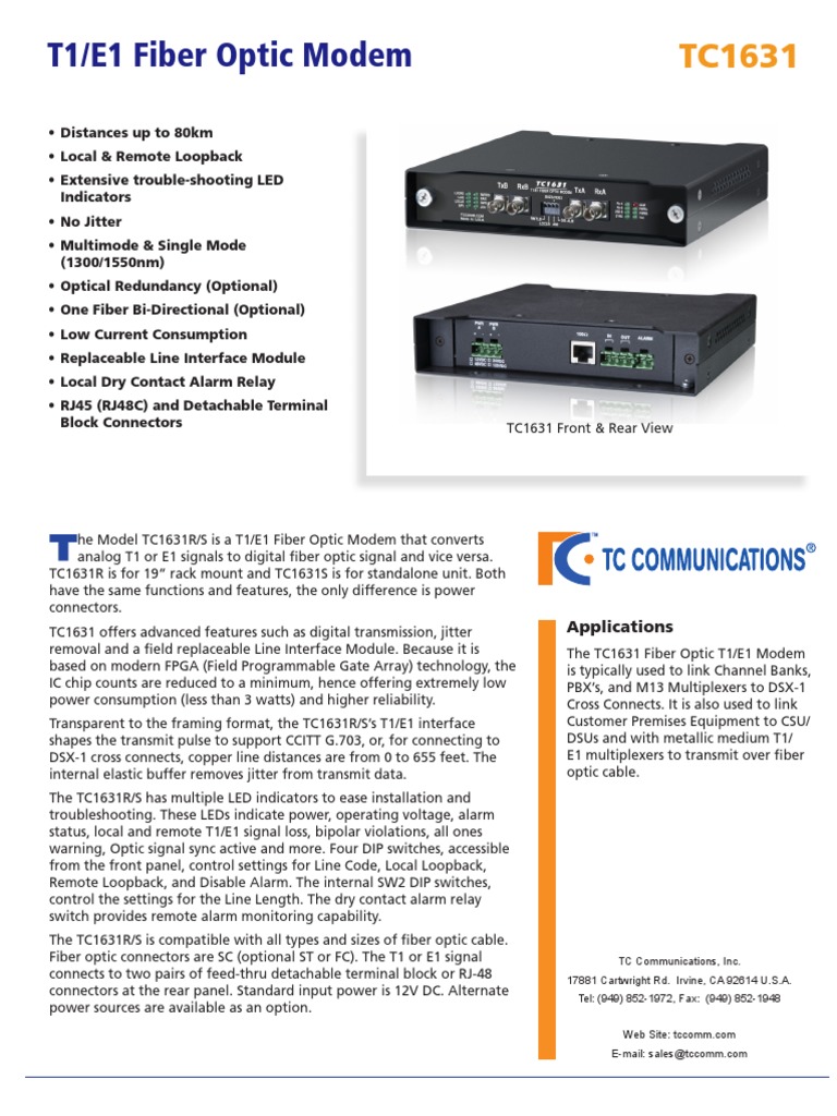 TC1631 T1 E1 Fiber Optic Converter Modem Datasheet | PDF