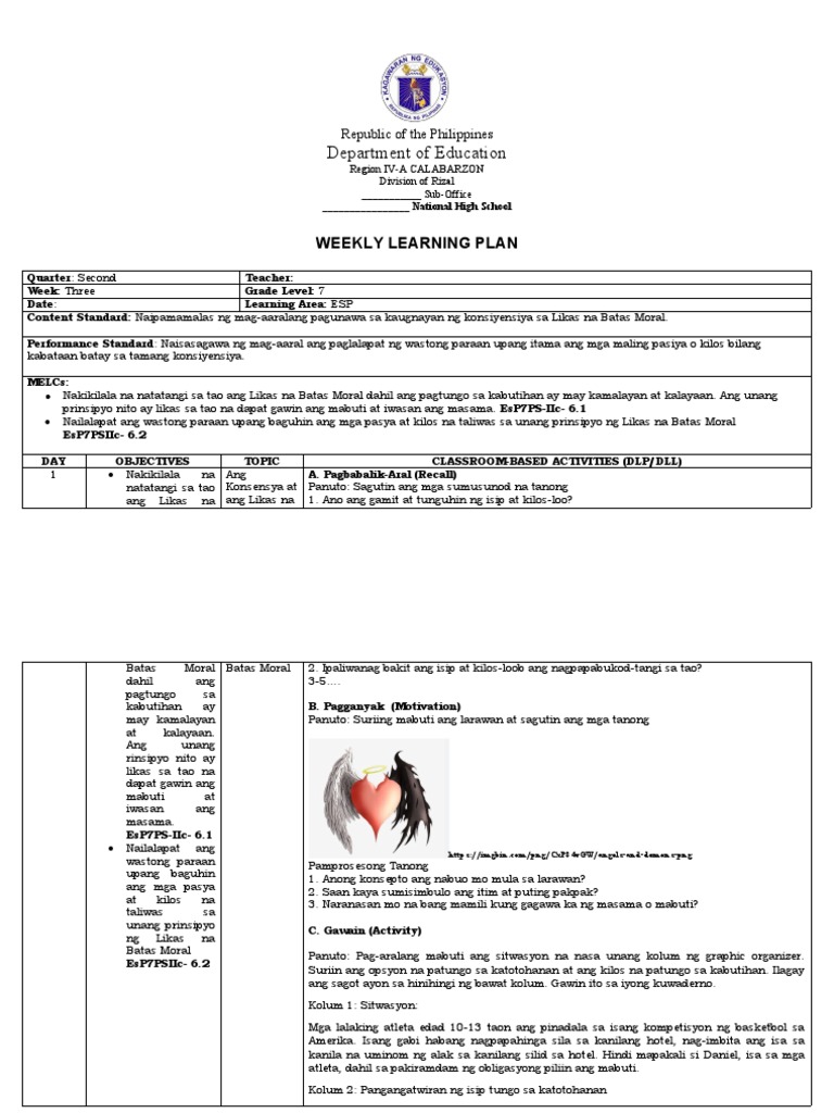 Sample-Weekly-Learning-Plan-in-ESP | PDF
