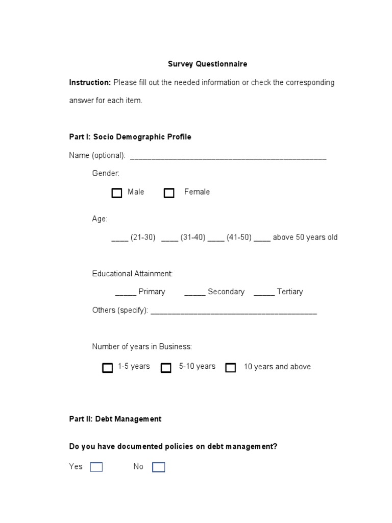 Sample Questionnaire | PDF | Debt | Financial Economics