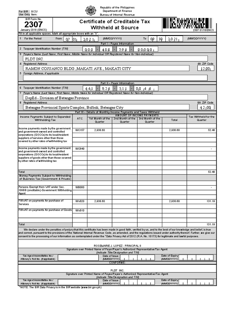 BIR Certificate of Creditable Tax Withheld | PDF | Payments | Taxes