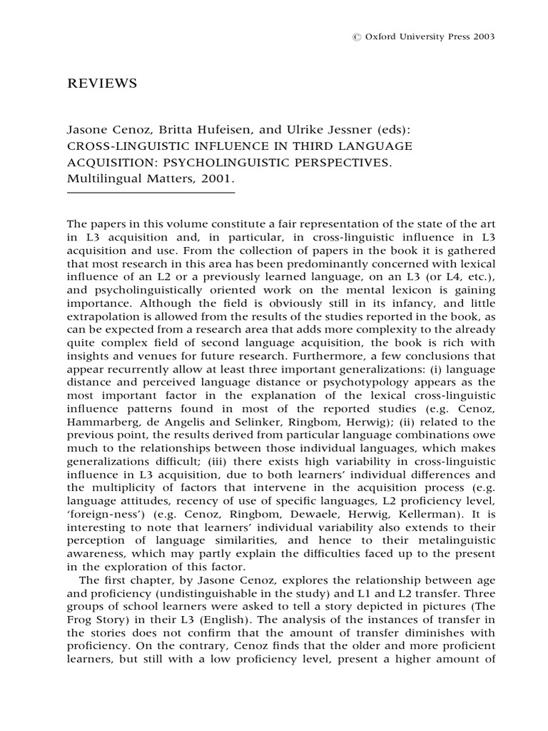 Cross Linguistic Influence In Third Language Acquisition Pdf Second