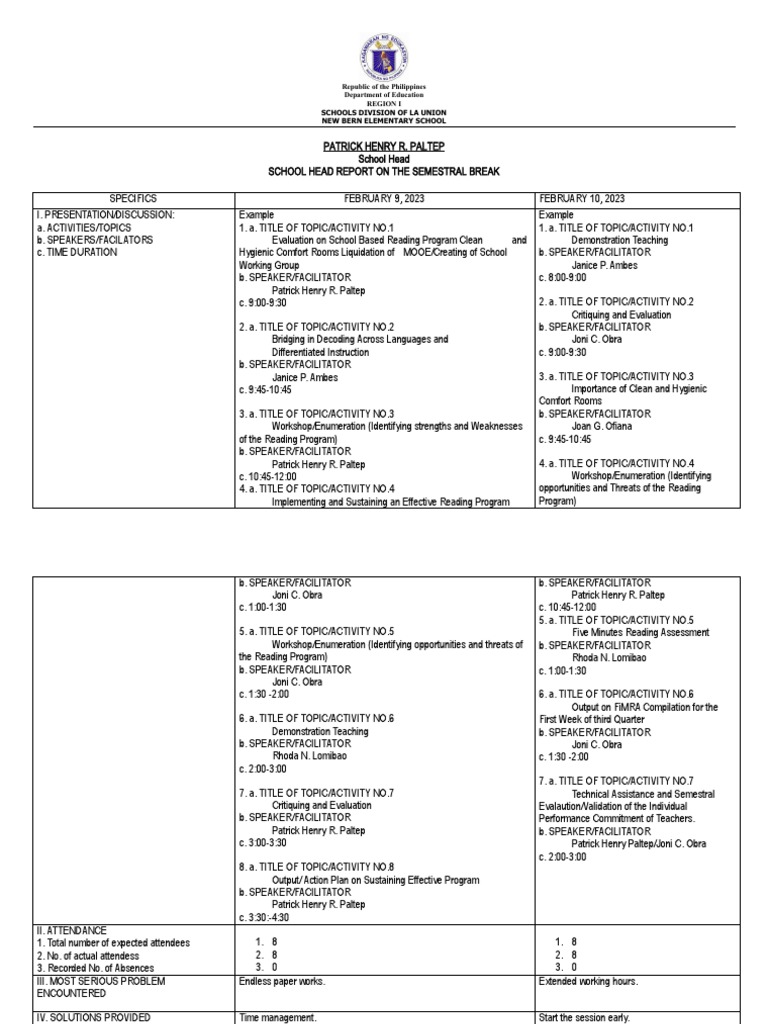 Semestral Break School Head Report | PDF | Learning | Teaching