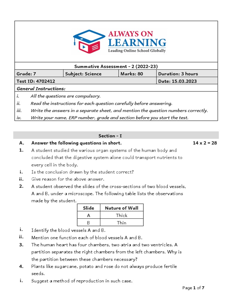 SA2 - V4 - Grade 7 - Science - QP | PDF | Mirror | Water