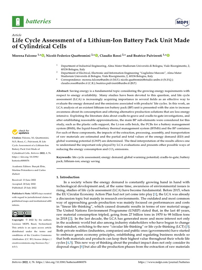 Batteries 08 00076 v2 | PDF | Life Cycle Assessment | Physical Sciences
