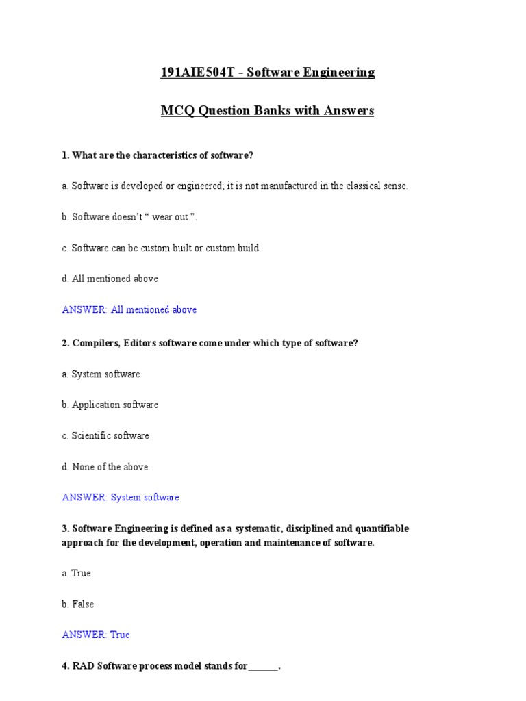 191AIE504T - Software Engineering MCQ Banks With Answers: ANSWER: All Mentioned Above | PDF ...