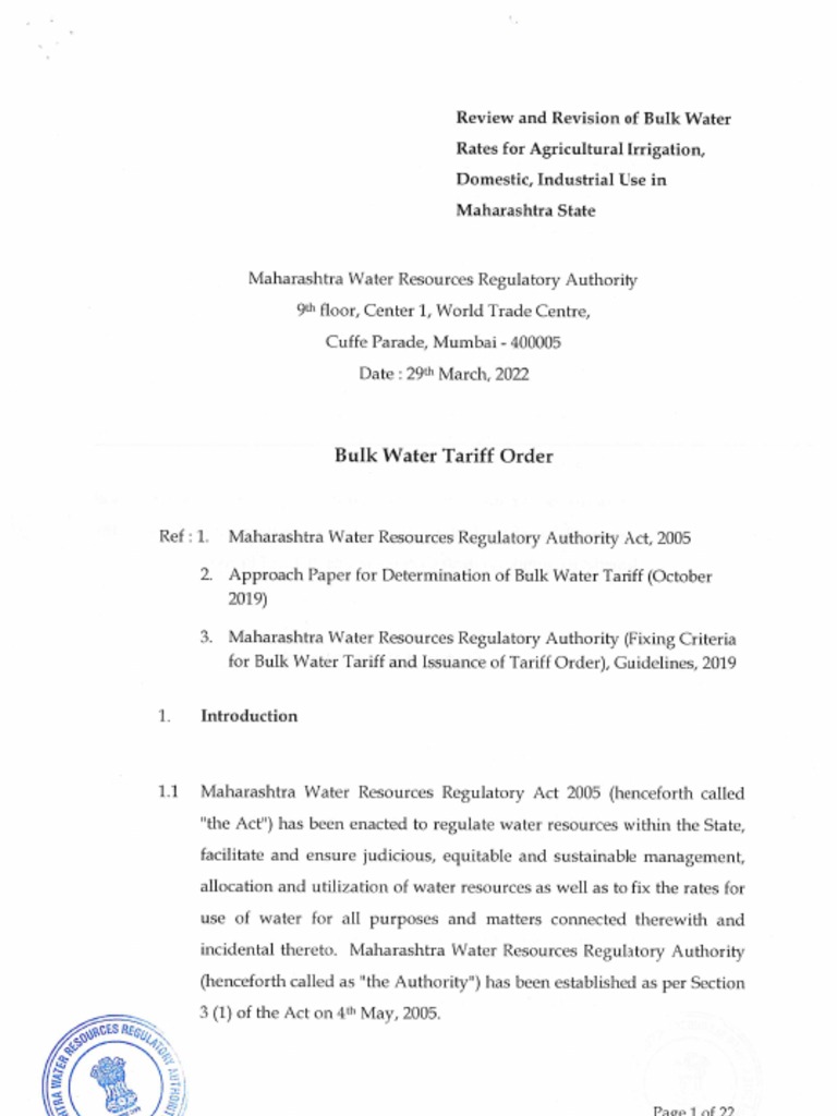 Bulk Water Tariff Order 2022english | PDF