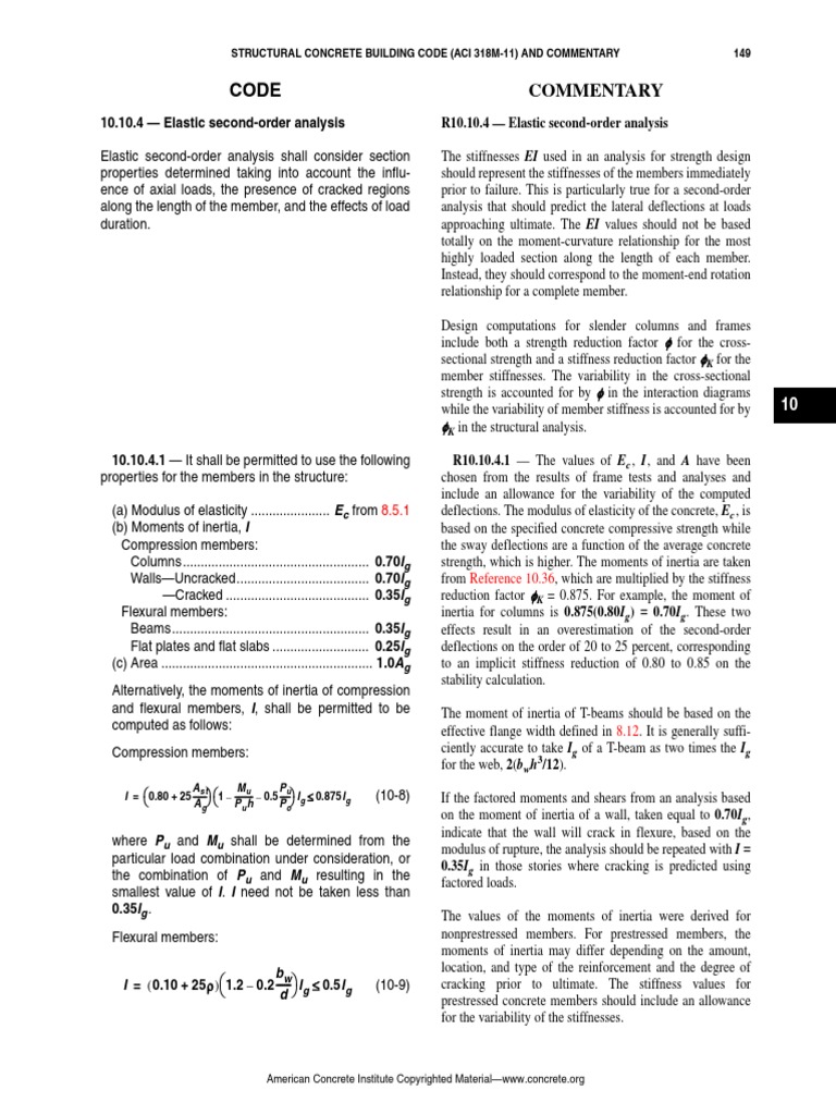 Sec 10.4.4 - Cracked Section, Stiffness Modifiers - ACI 318-11 | PDF | Strength Of Materials ...