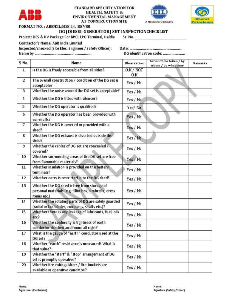 14 DG Set Inspection | PDF | Electrical Engineering | Manufactured Goods