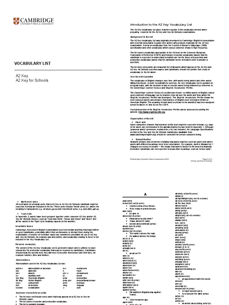 A2 Key Vocabulary List | PDF | Verb | Linguistics