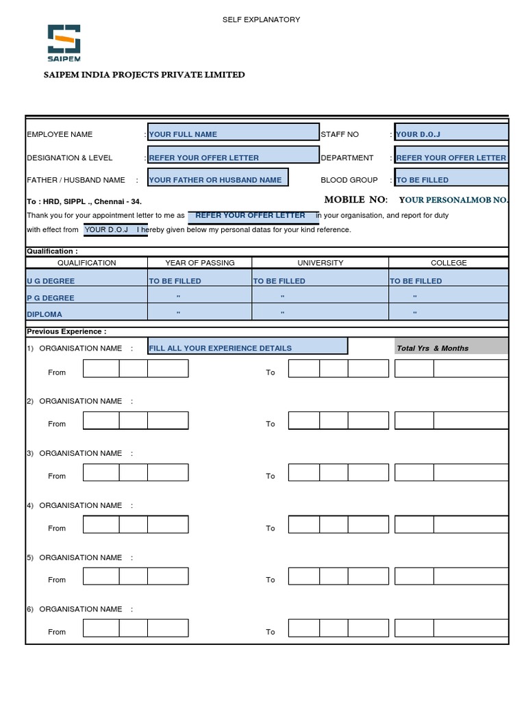 Saipem Employee Self-Explanatory Form | PDF
