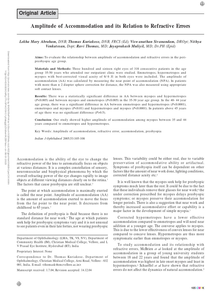 Amplitude of Accommodation and Its Relation to.5 | PDF | Eye | Facial ...
